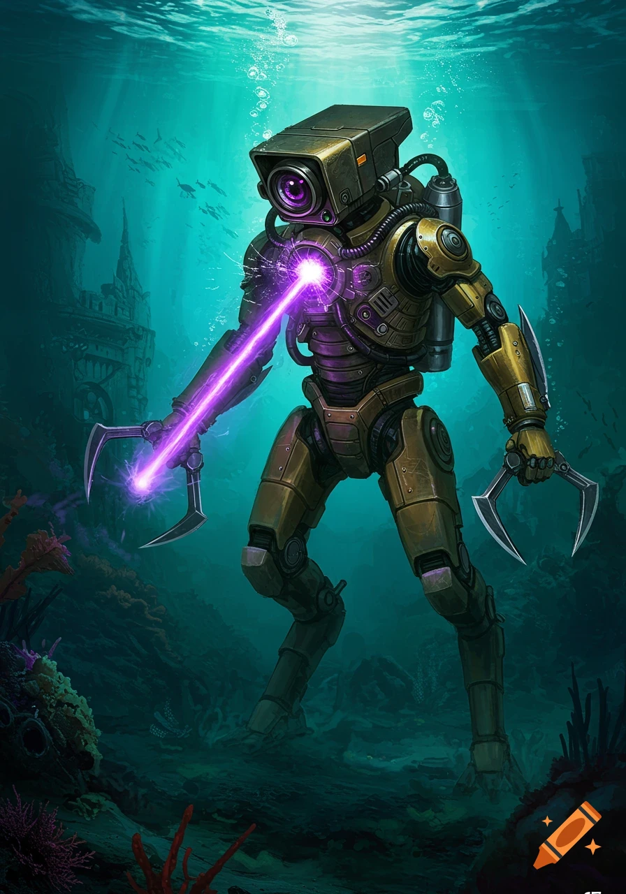 A sci-fi robot with a camera head and claws stands underwater, shooting ...