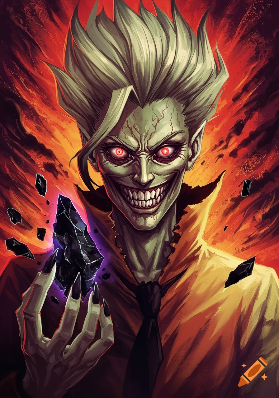 An illustration of a monstrous character with spiky hair, glowing red ...