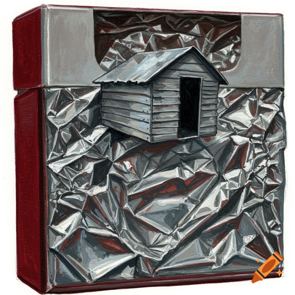 Painting of a red cigarette box wrapped in crumpled silver foil with a ...