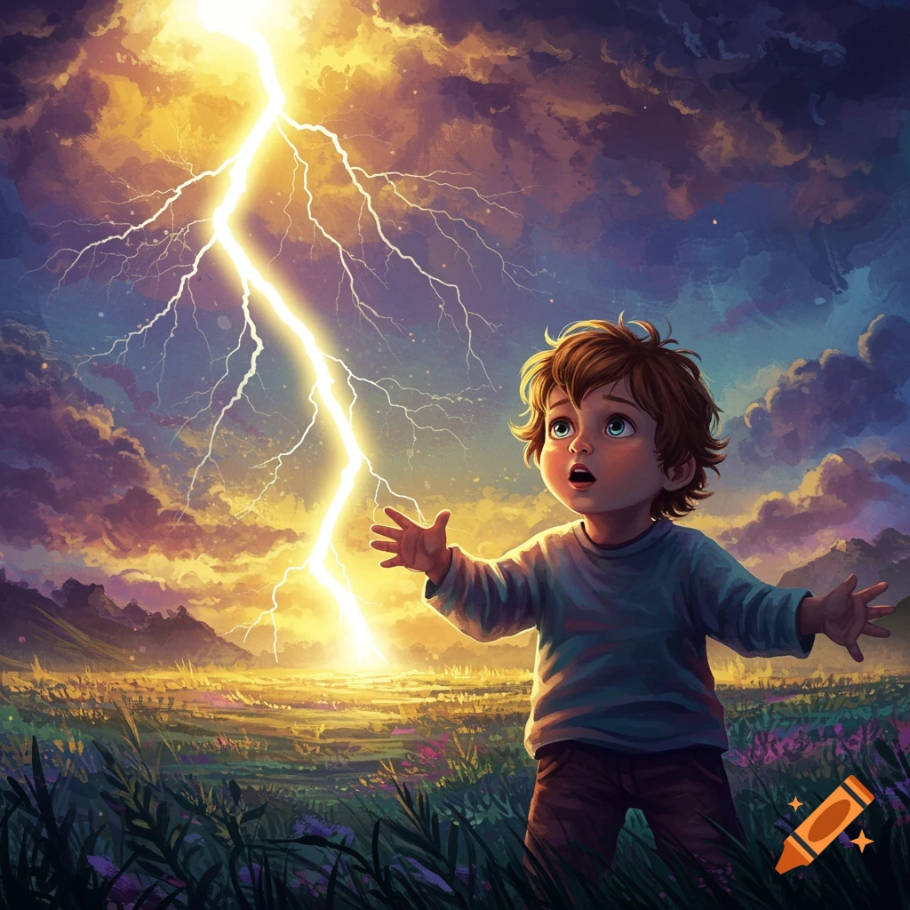 A young child looks up in wonder at a dramatic lightning bolt striking ...