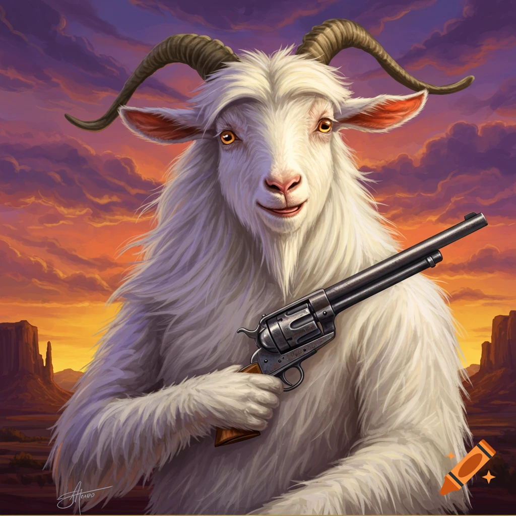 Illustration of a long-haired goat holding a revolver in a Western ...