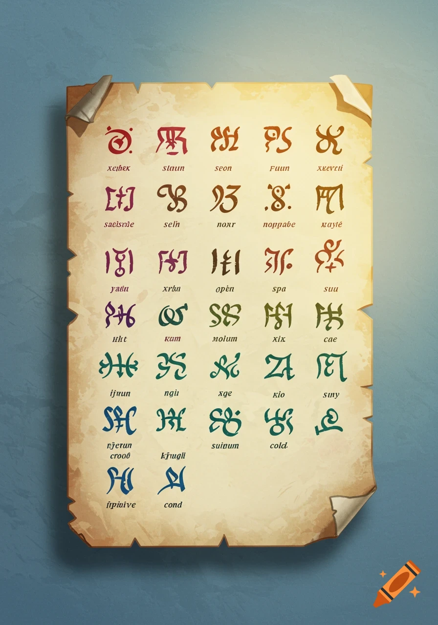 An old sheet of paper with rows of colorful, fantasy-like symbols and ...