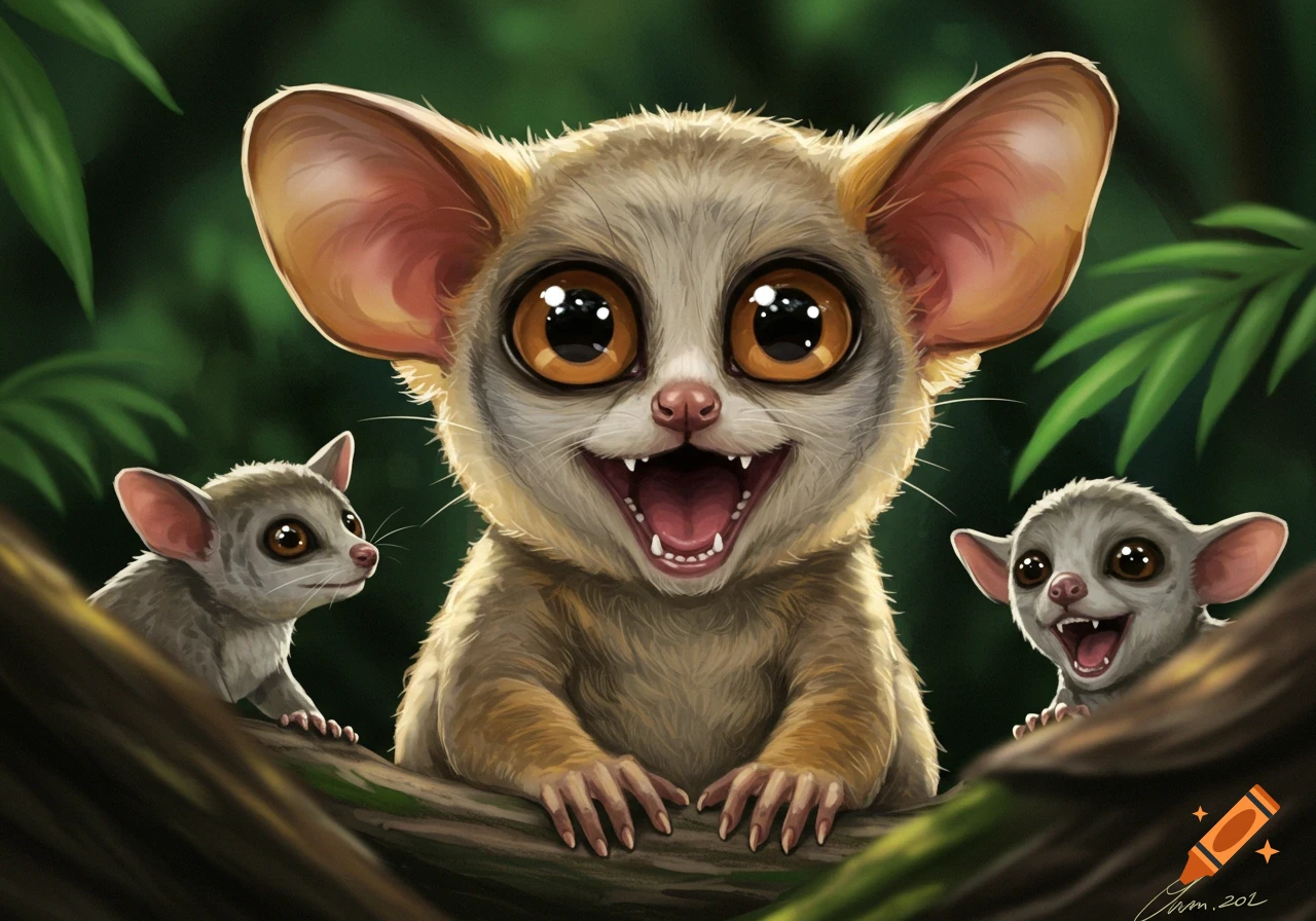 A large bush baby laughing with two smaller bush babies on a tree ...