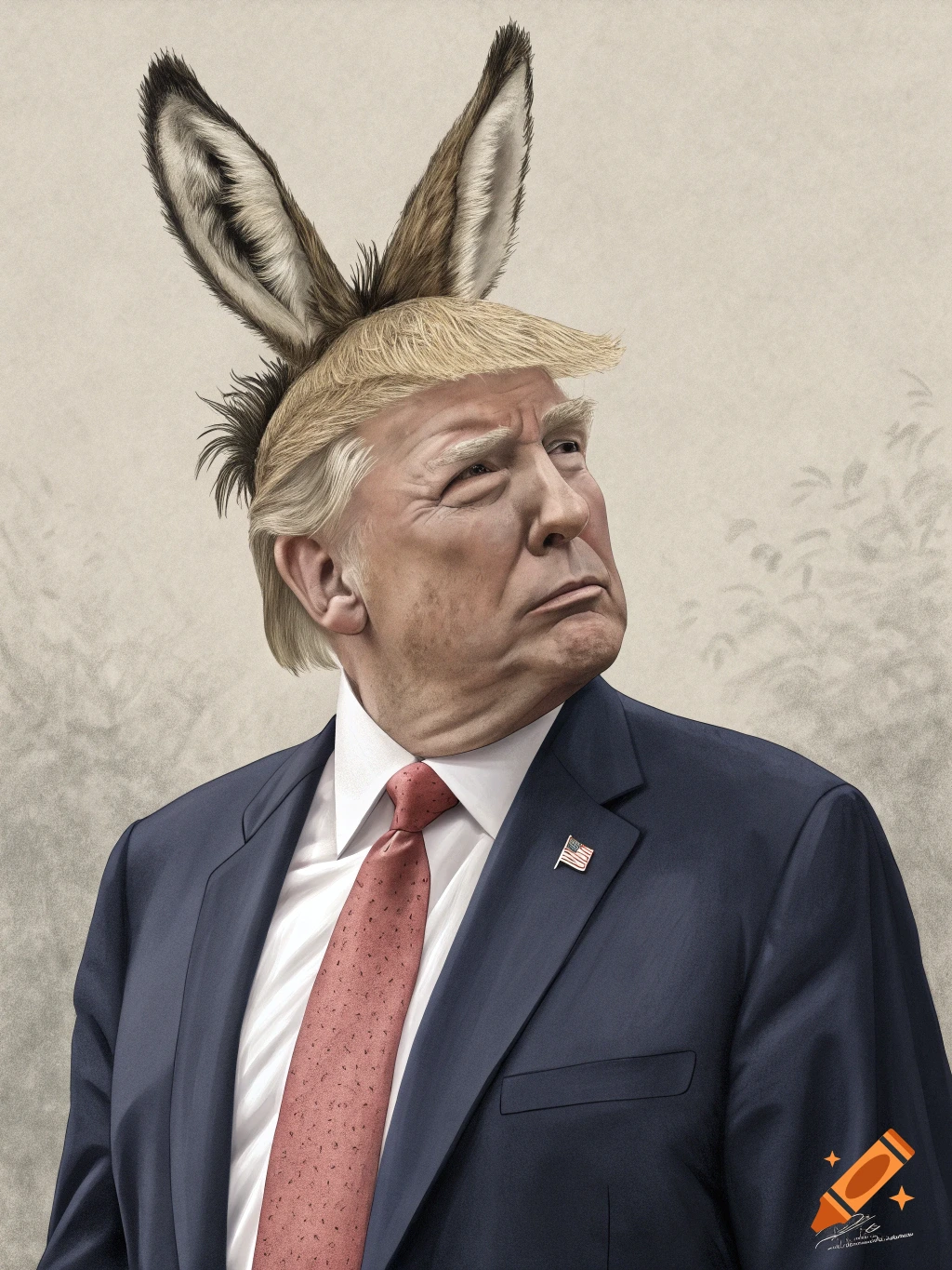 Caricature of Donald Trump wearing donkey ears, looking to the side, in ...