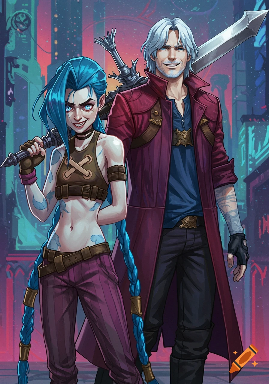 Illustration of Jinx from Arcane and Dante from Devil May Cry standing ...