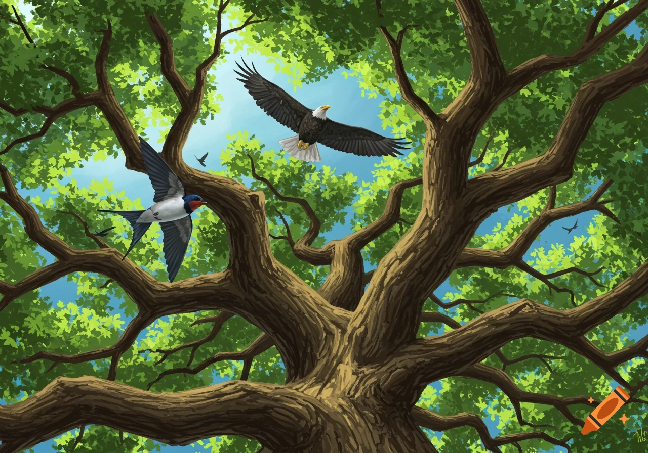 An oak tree from below with a swallow and an eagle flying overhead. on ...
