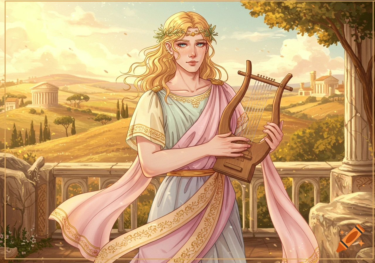 A person in Roman robes holding a lyre on a balcony overlooking a ...