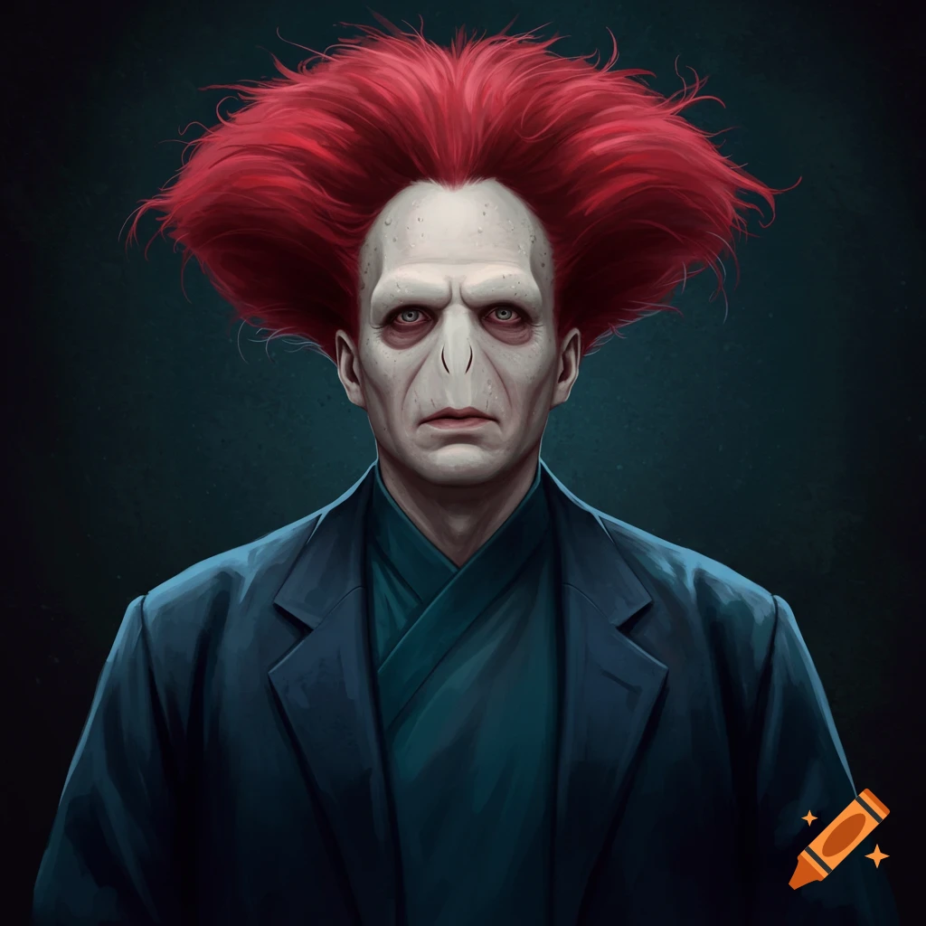 A stylized portrait of a character resembling Voldemort with wild red ...