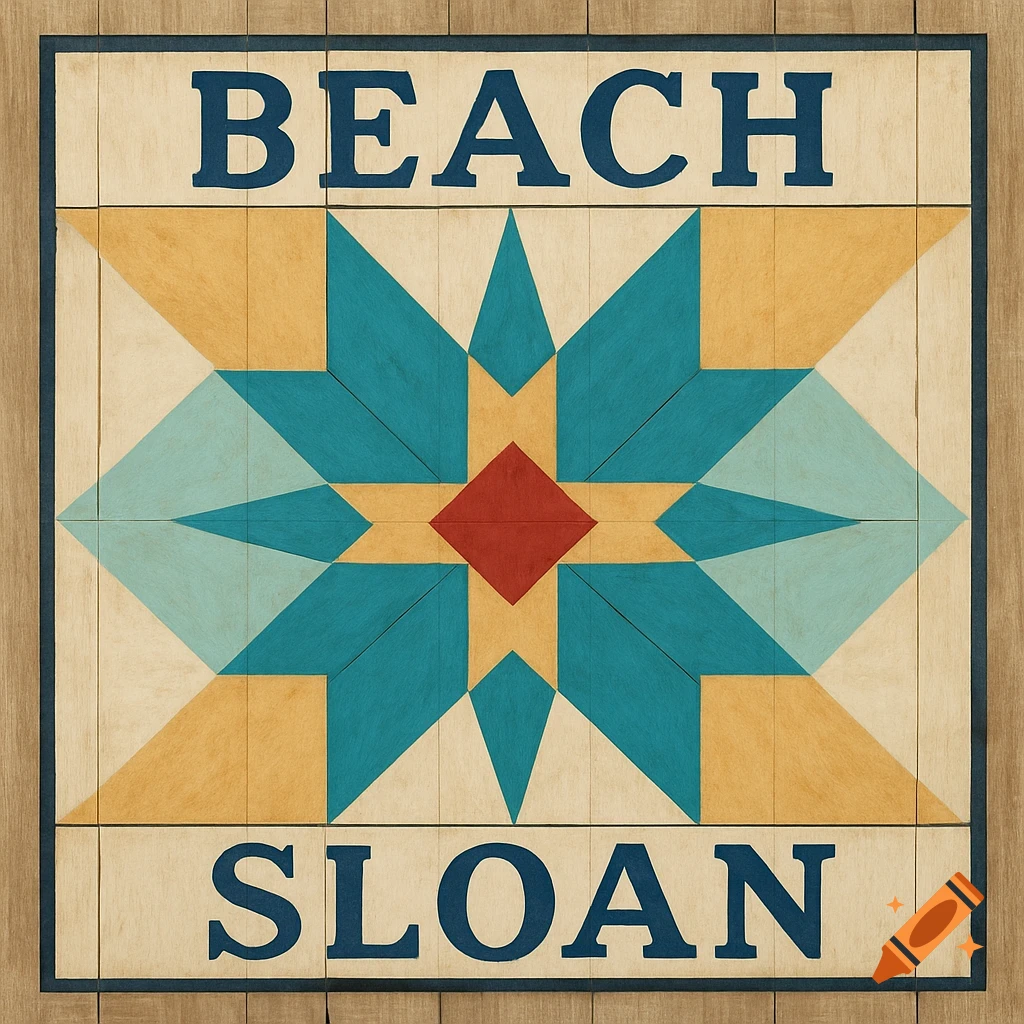 Geometric barn quilt design with text 'BEACH SLOAN'. on Craiyon