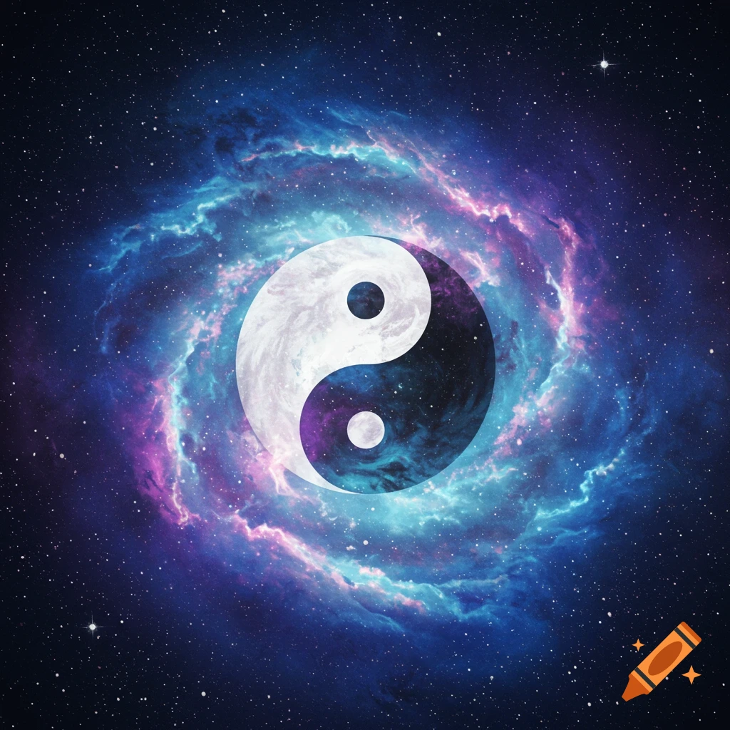 A Yin Yang symbol against a backdrop of a swirling galaxy and stars. on ...