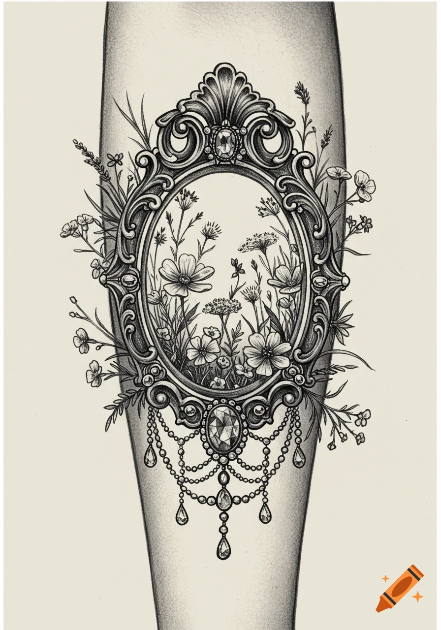 Black and white sketch tattoo of a vintage oval frame with wildflowers ...