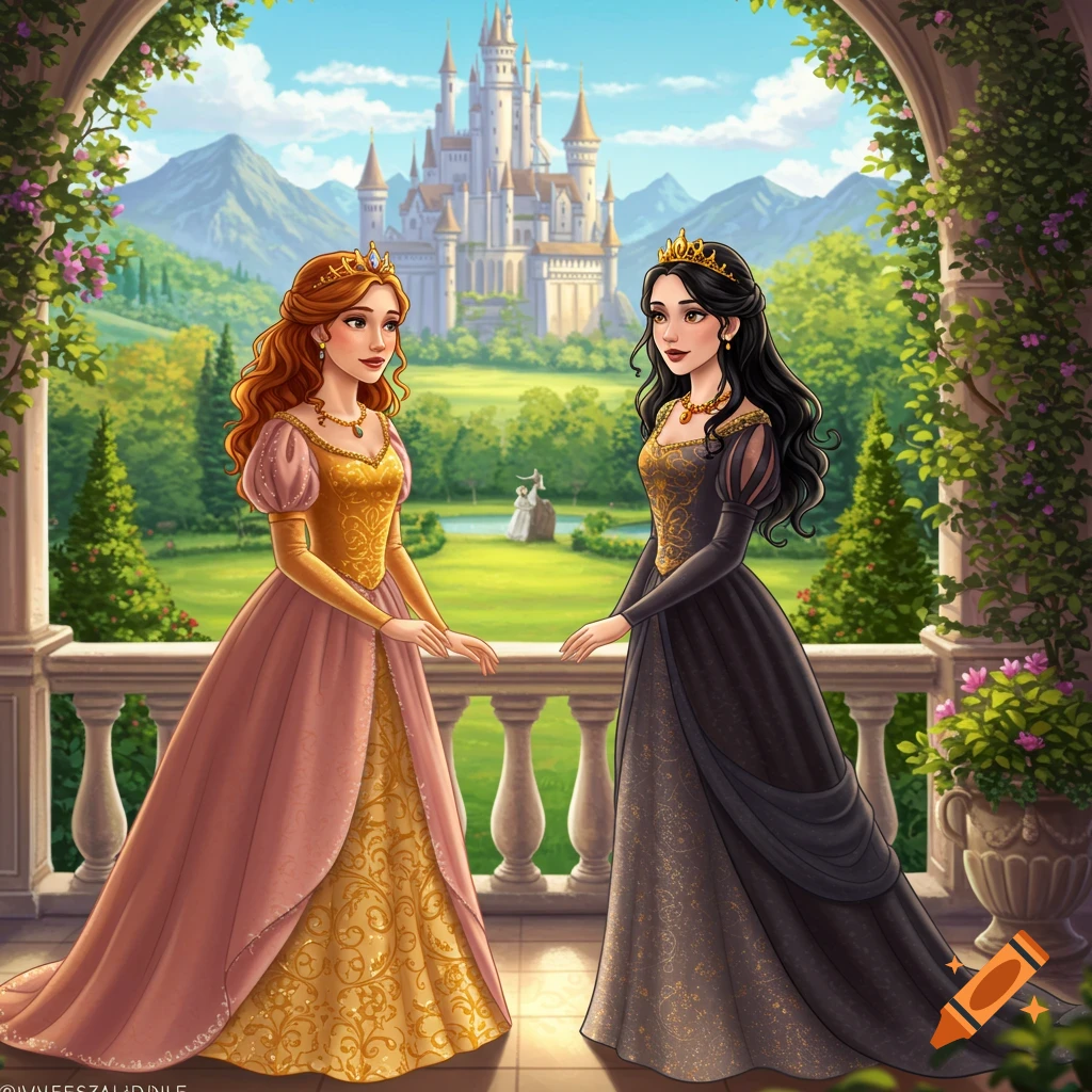 Two fantasy princesses stand on a balcony overlooking a castle and ...