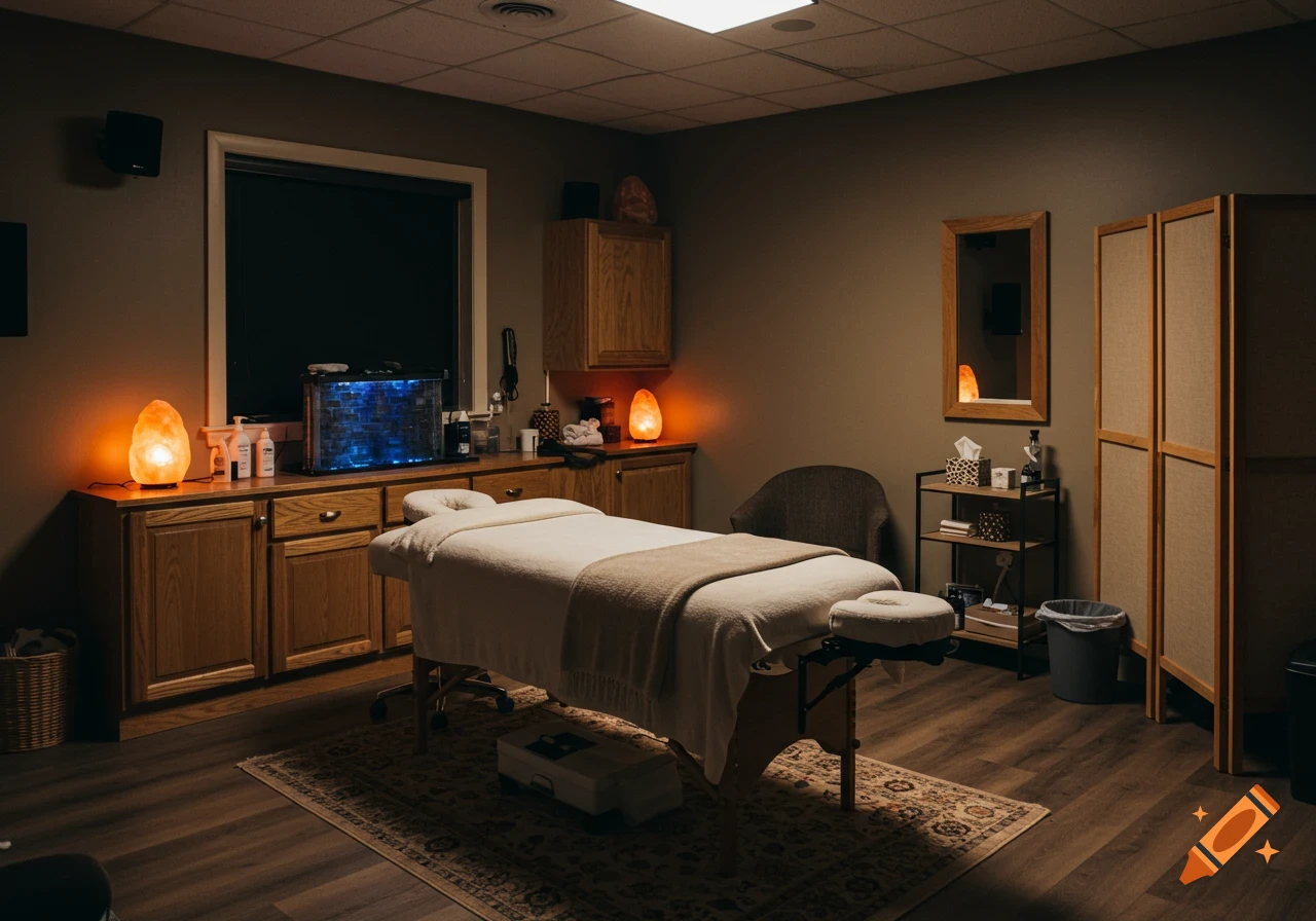 A dimly lit massage room with a table, salt lamps, cabinets, and a ...