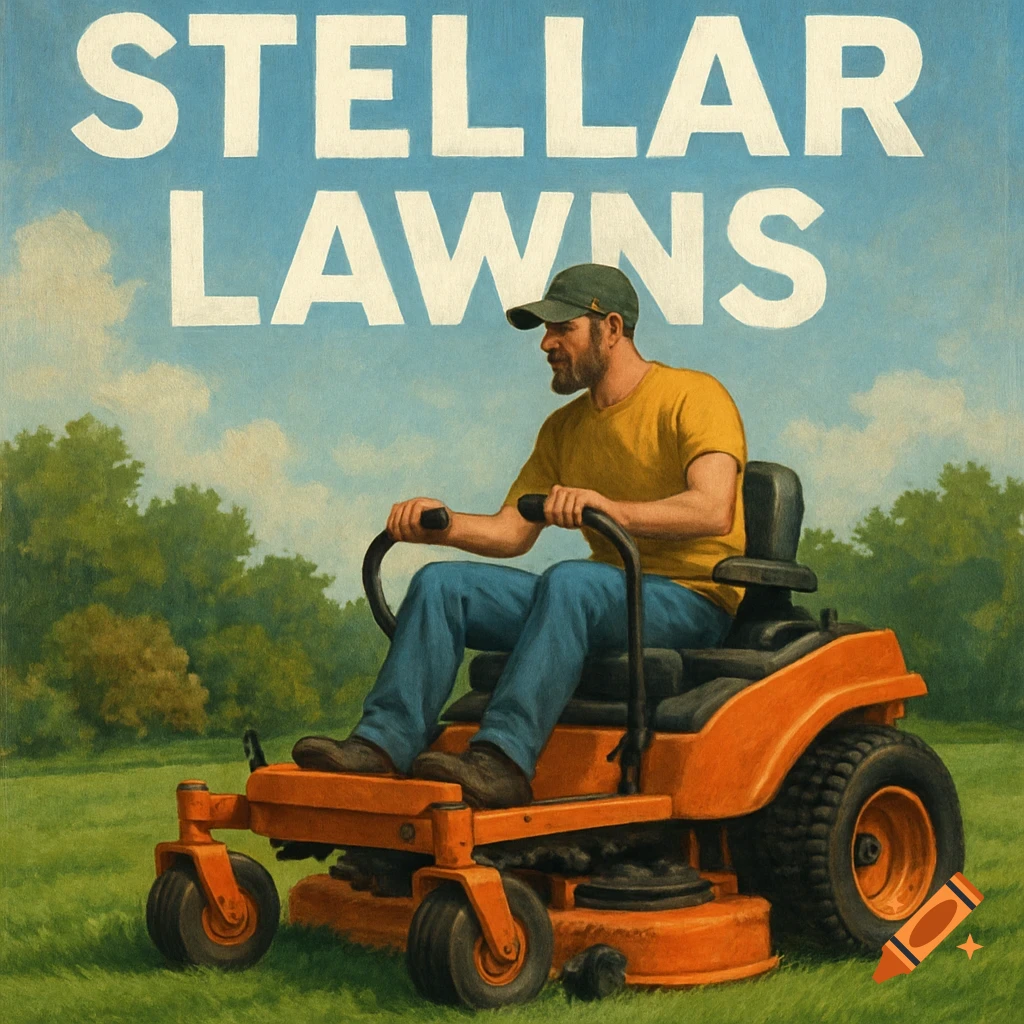 Painting of a man riding an orange zero-turn lawn mower in a field with ...