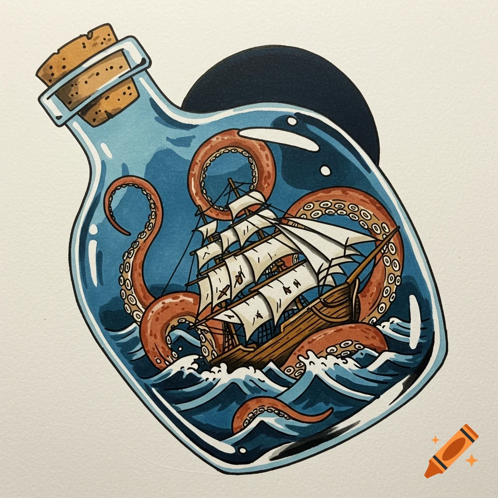 A kraken's tentacles surround a sailing ship inside a glass bottle ...