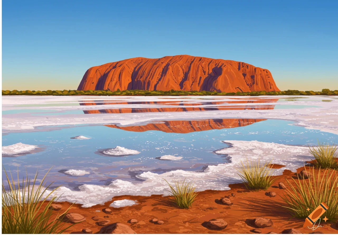 Uluru reflected in Kati Thanda-Lake Eyre with foreground vegetation, in ...