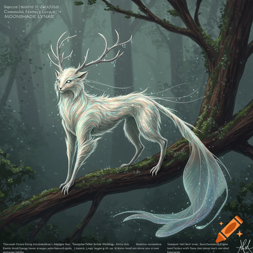 Fantasy creature with antlers, glowing fur, and fin tail standing on a ...