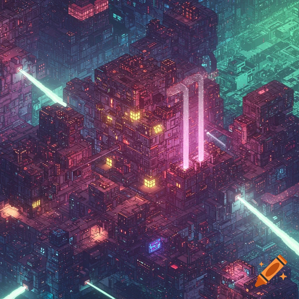 Isometric view of a glowing, detailed cyberpunk city or factory. on Craiyon
