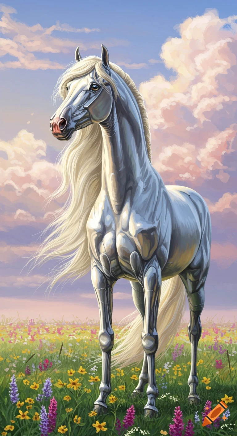 A silver horse with long flowing mane stands in a field of wildflowers ...