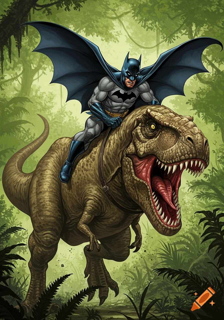 Batman rides a T-Rex through a jungle in a dynamic comic book style ...