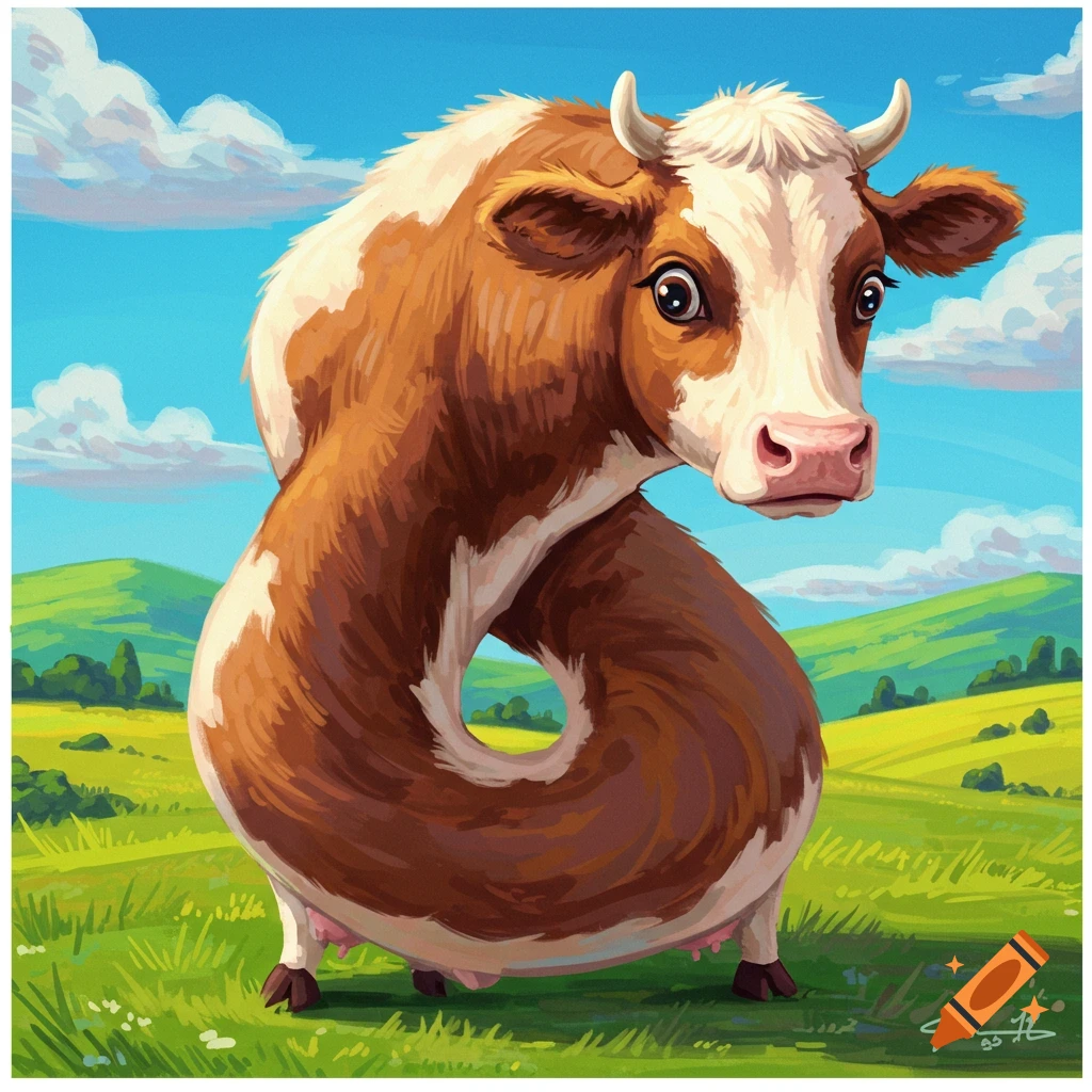 Cartoon cow shaped like a mobius strip stands in a green field on Craiyon