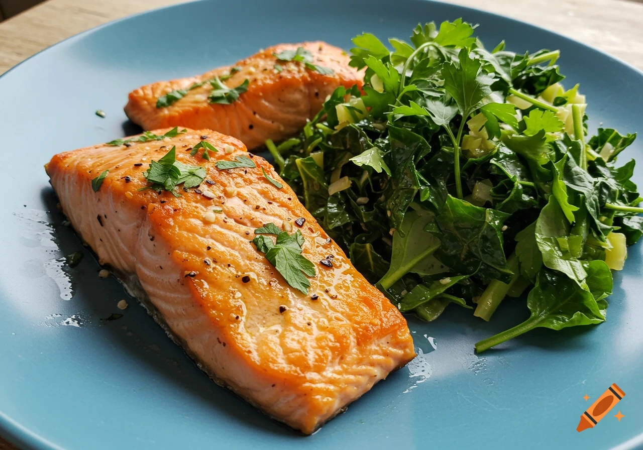 Close-up of cooked salmon fillets and greens on a blue plate. on Craiyon
