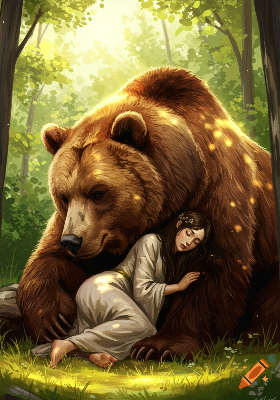 A fantasy illustration of a woman sleeping peacefully curled up next to a large bear in a sunlit ...