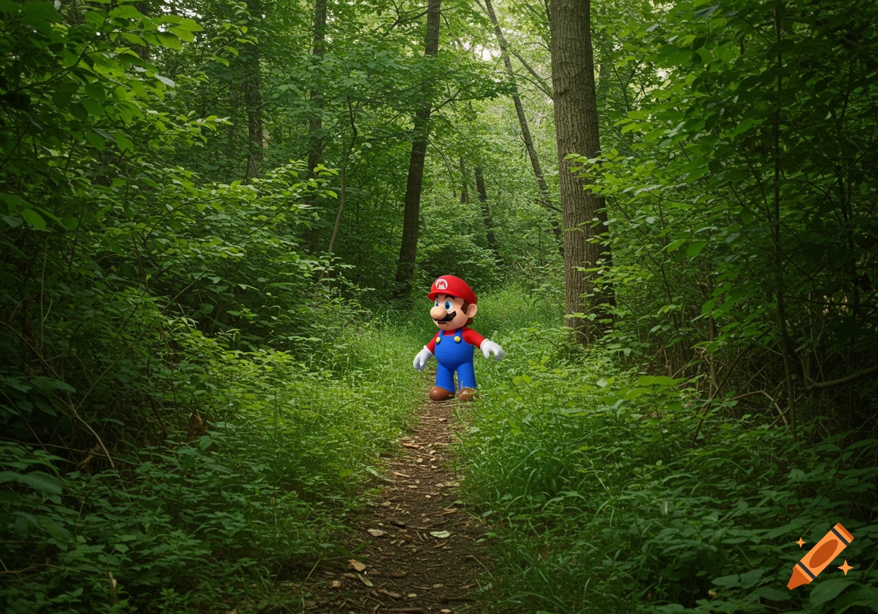 Mario stands on a dirt path through a dense, green forest. on Craiyon