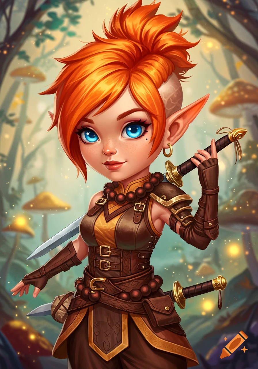Digital illustration of a female elf monk with orange hair, leather ...