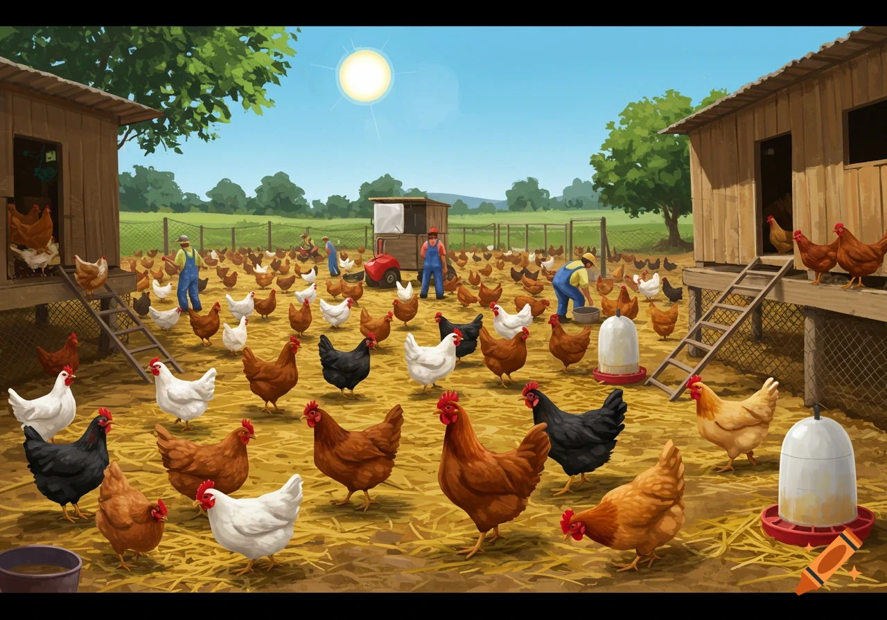 A cartoon illustration of farmers and many chickens in an outdoor farm ...