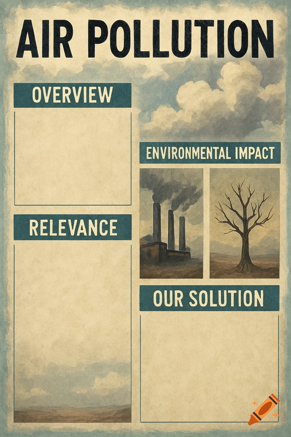 Vintage poster about air pollution with text headings, illustrations of ...