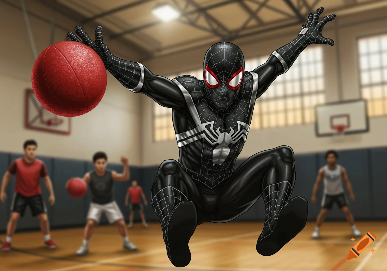 Black suit Spider-Man jumps with a basketball in a gym, comic art style ...