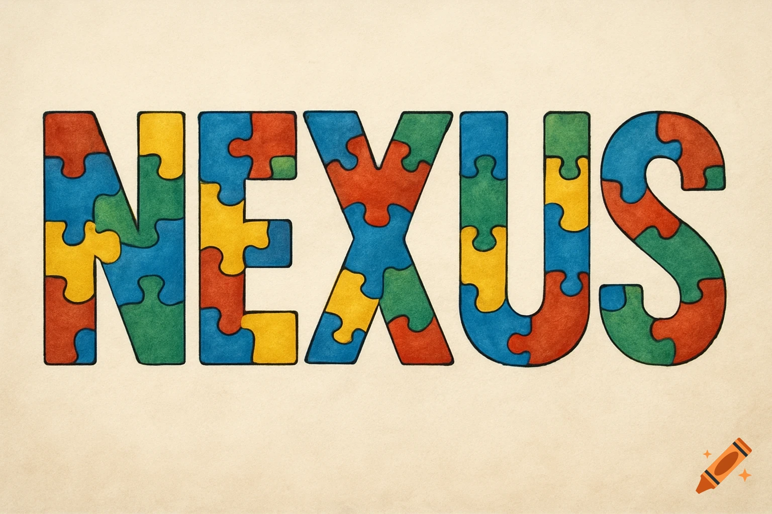 The word NEXUS formed by colorful red, blue, green, and yellow puzzle ...
