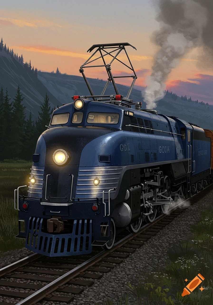 A blue electric locomotive, like a GG1, on railroad tracks in a ...