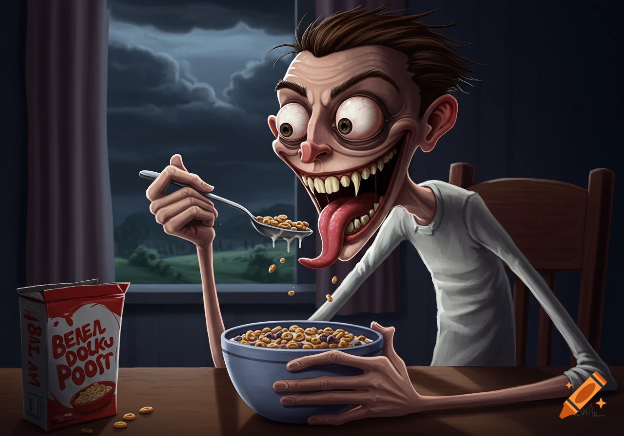 A scary, grotesque cartoon man with sharp teeth and a long tongue eats ...