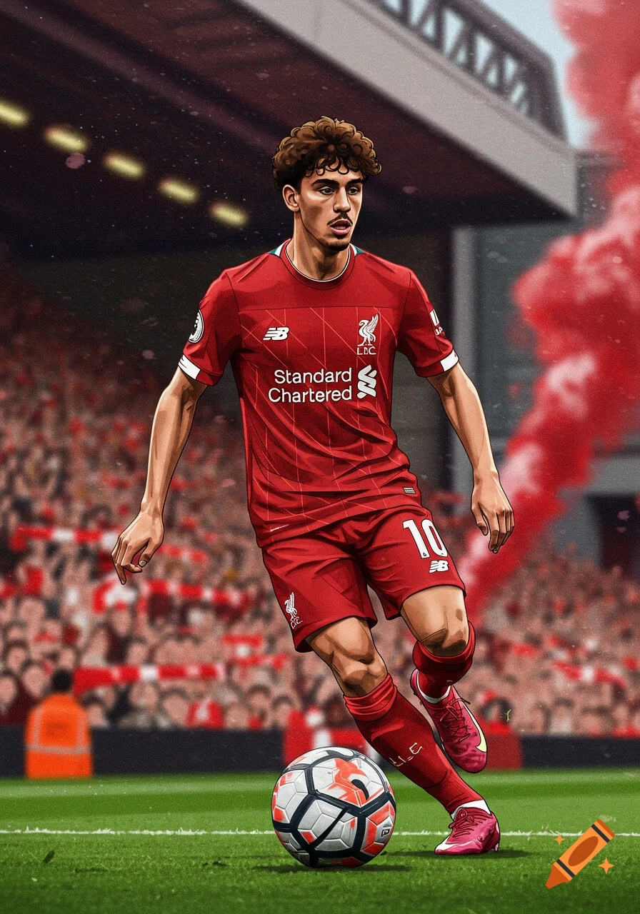 Stylized image of a footballer in a red kit dribbling a ball on a pitch ...