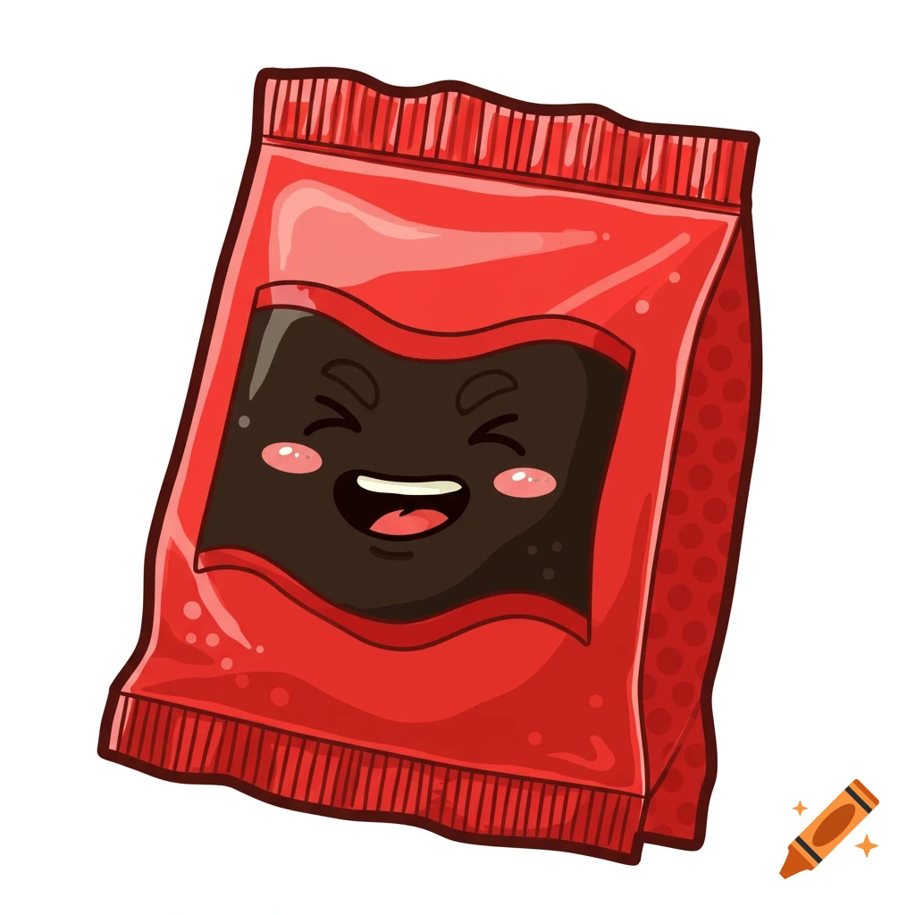 A cute cartoon illustration of a red soy sauce packet with a happy face ...