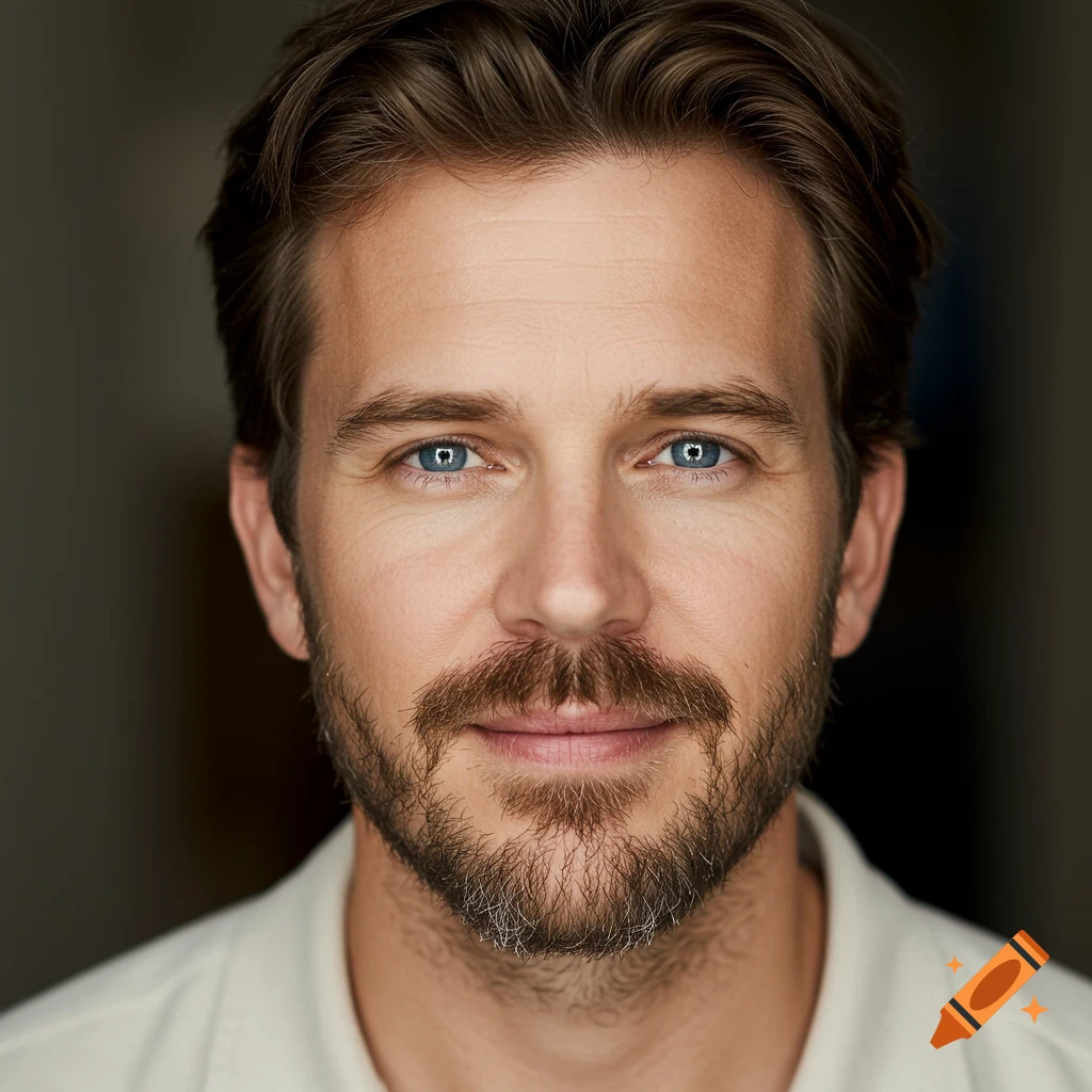 Photorealistic close-up headshot of a man with blue eyes and a beard ...