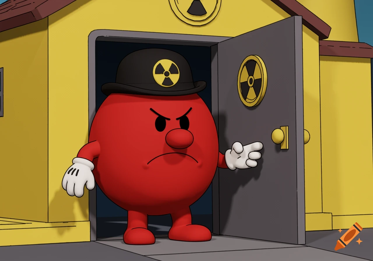 Cartoon red character with a bowler hat and nuclear symbol stands ...