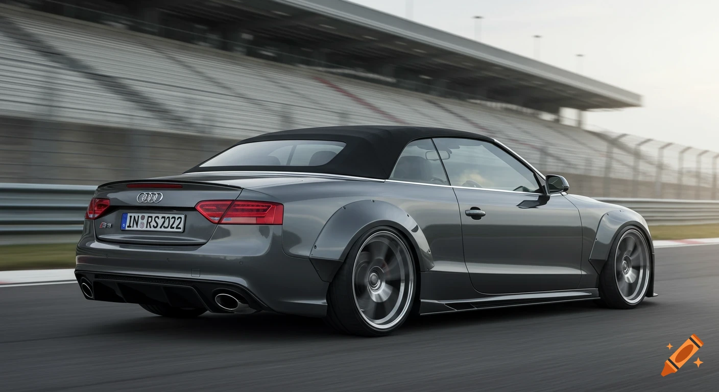 Grey Audi RS 5 convertible with wide body kit driving on a track. on ...