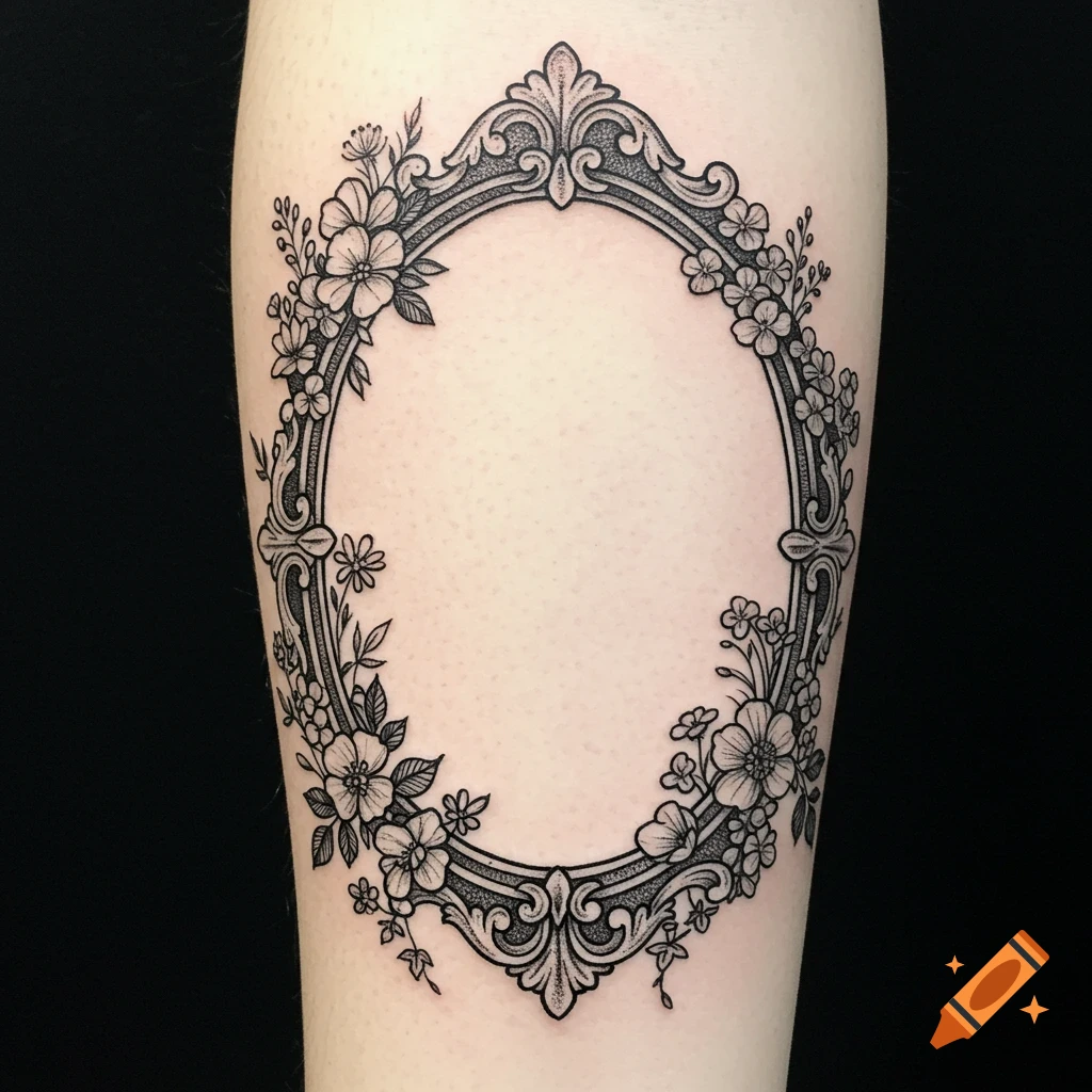 Black and grey tattoo of an oval floral frame with wildflowers on an ...
