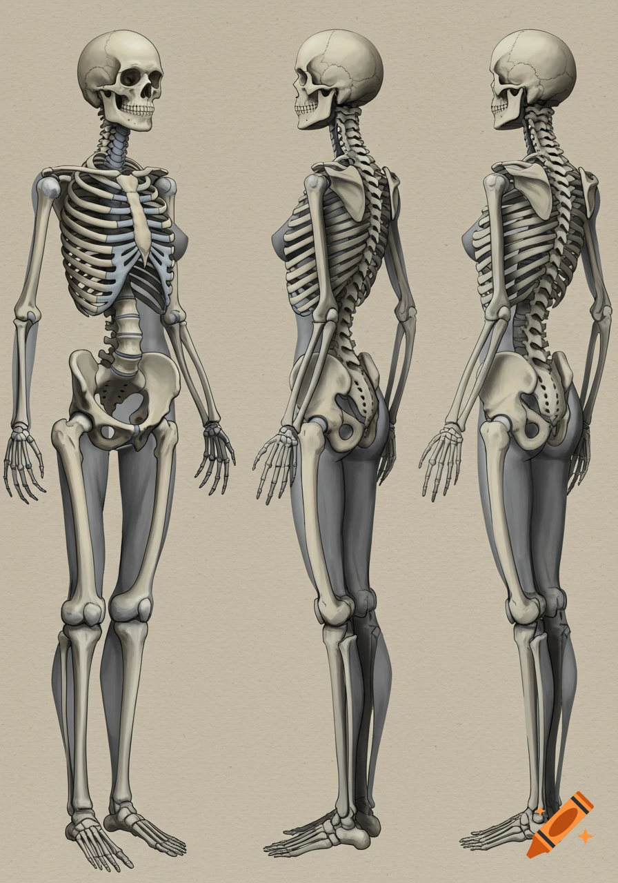 Three views of a realistic female human skeleton: front, side, and ...