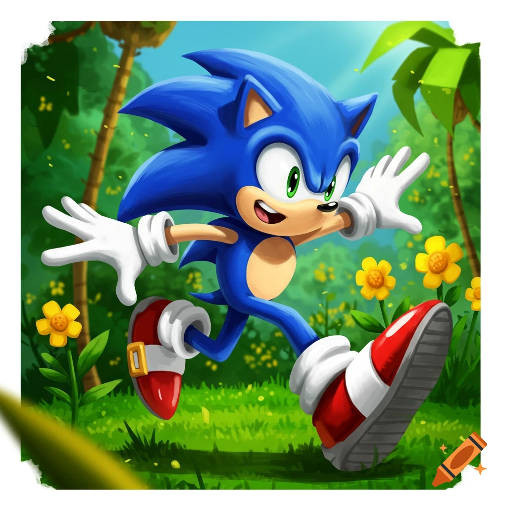 Illustration of Sonic the Hedgehog running through a lush green forest ...