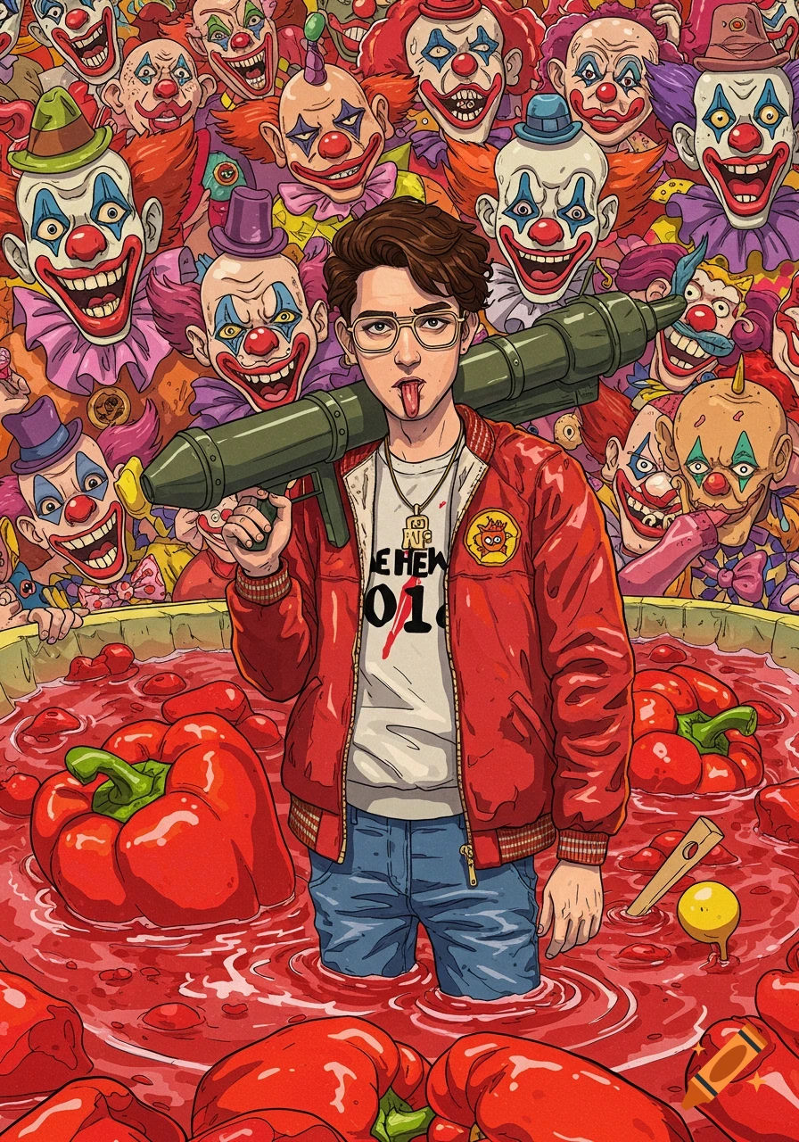 Illustration of a man in a pool of peppers holding a rocket launcher ...