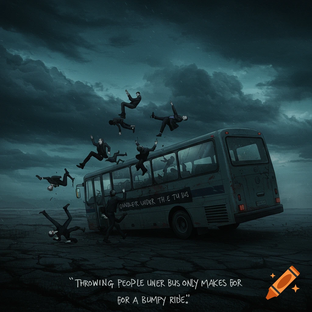 Stylized illustration of people falling from a bus under a stormy sky ...