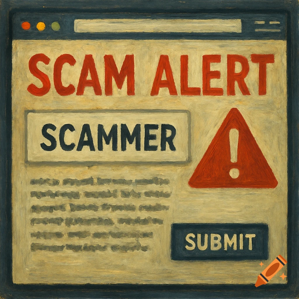 Painterly digital art showing a 'SCAM ALERT' website interface with a ...