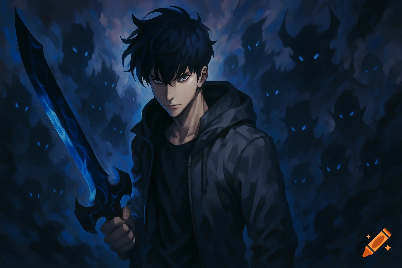 Young man with glowing blue sword stands before shadowy figures in a ...
