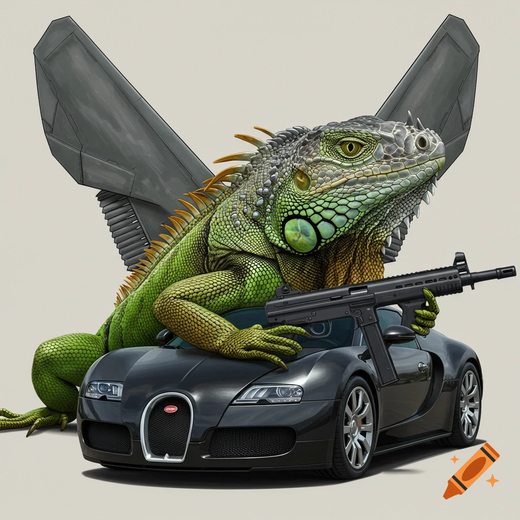 An iguana with jet wings sits on a black Bugatti, holding a submachine ...