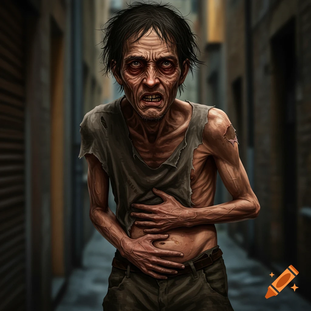 Illustration of a gaunt man in ragged clothes clutching his stomach in ...