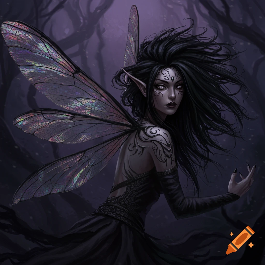 A dark fantasy fae woman with large iridescent wings and tribal ...